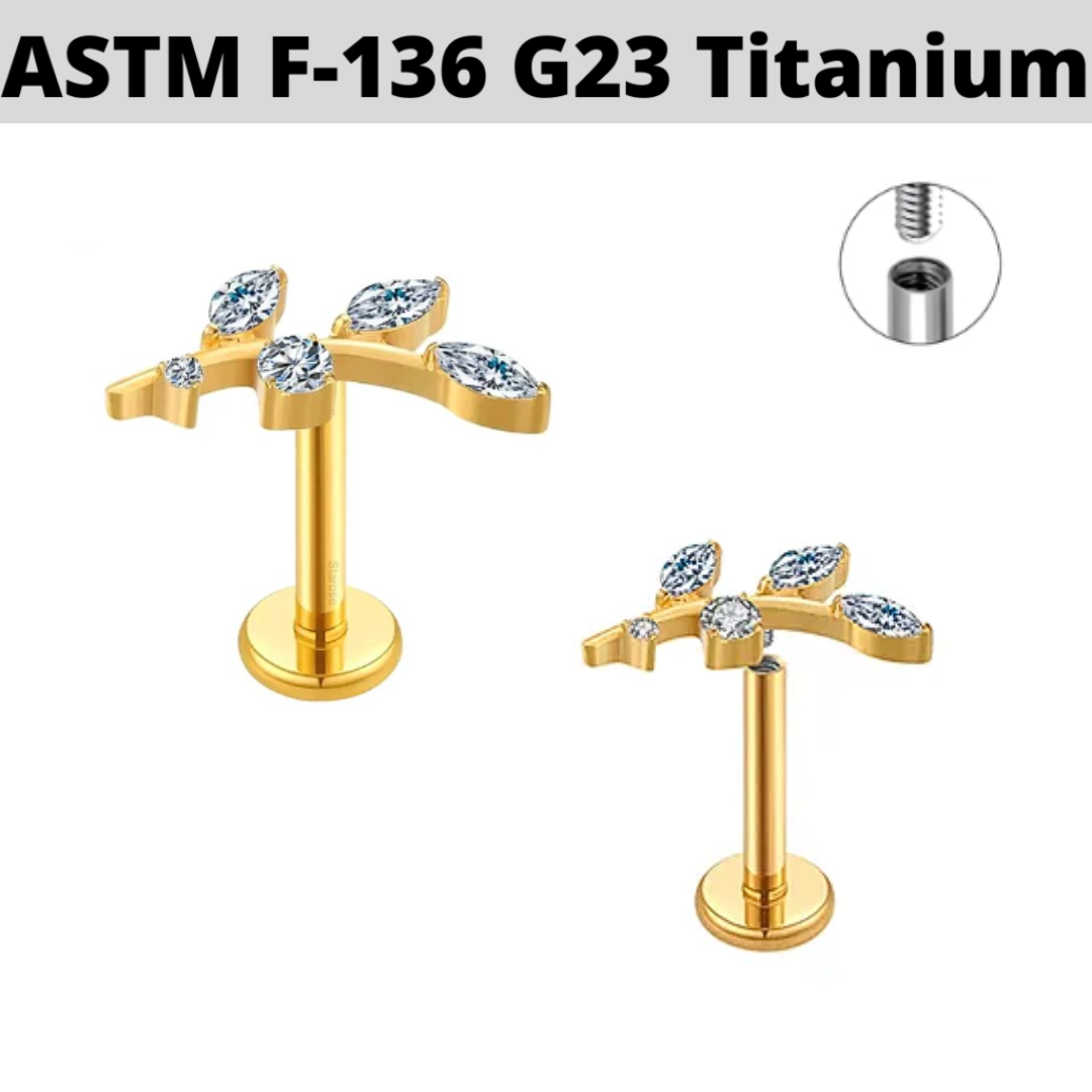 G23 Gold PVD Titanium Internally Threaded 5 CZ Leaf Tragus Labret – APM