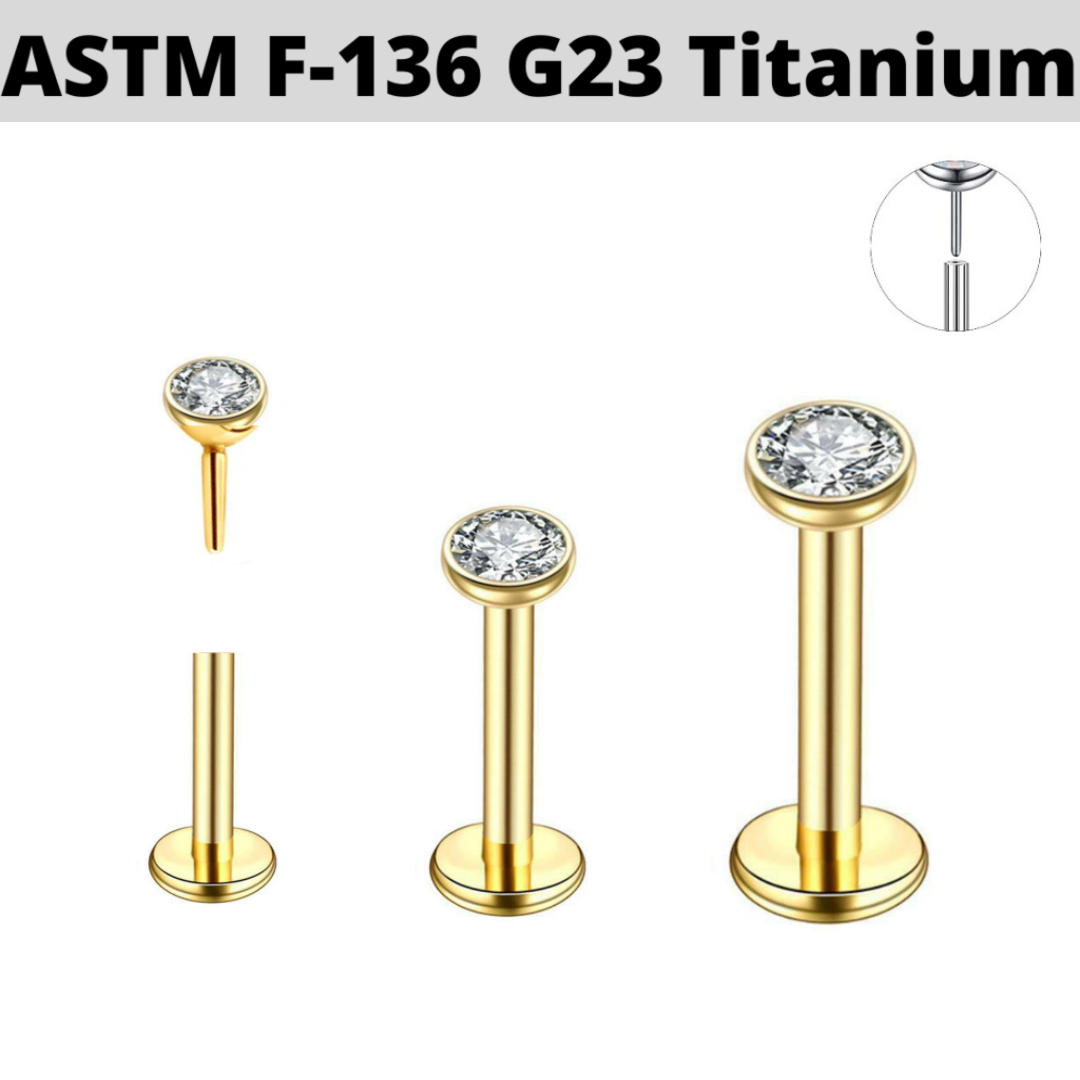 G23 Gold PVD Titanium Threadless Push In Flat CZ Tragus Labret – APM