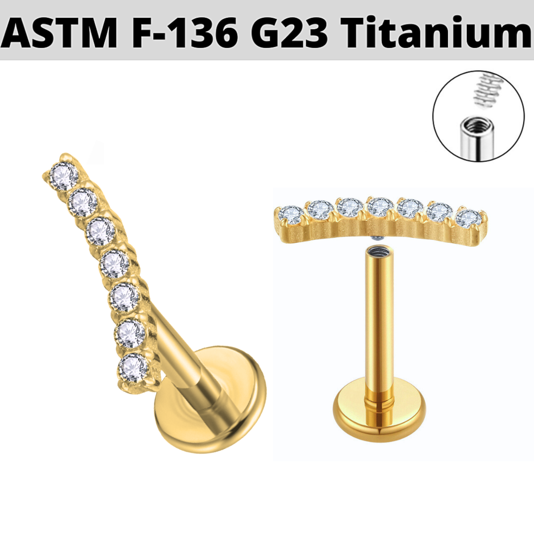 G23 Gold PVD Titanium Internally Threaded Bezel Set 7 CZ Cluster Labre ...