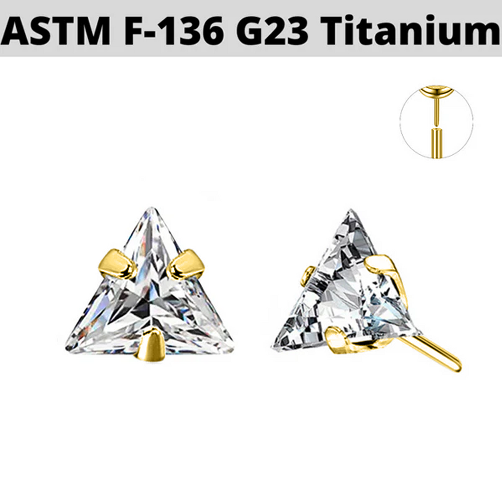 G23 Gold PVD Titanium Threadless Push In Prong Set Triangle CZ Top – APM
